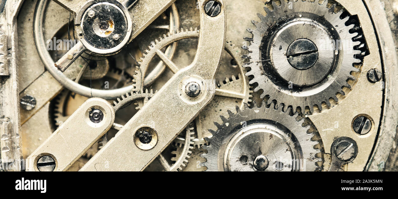 Macro shot of an old clock, panorama using as technical vintage ...