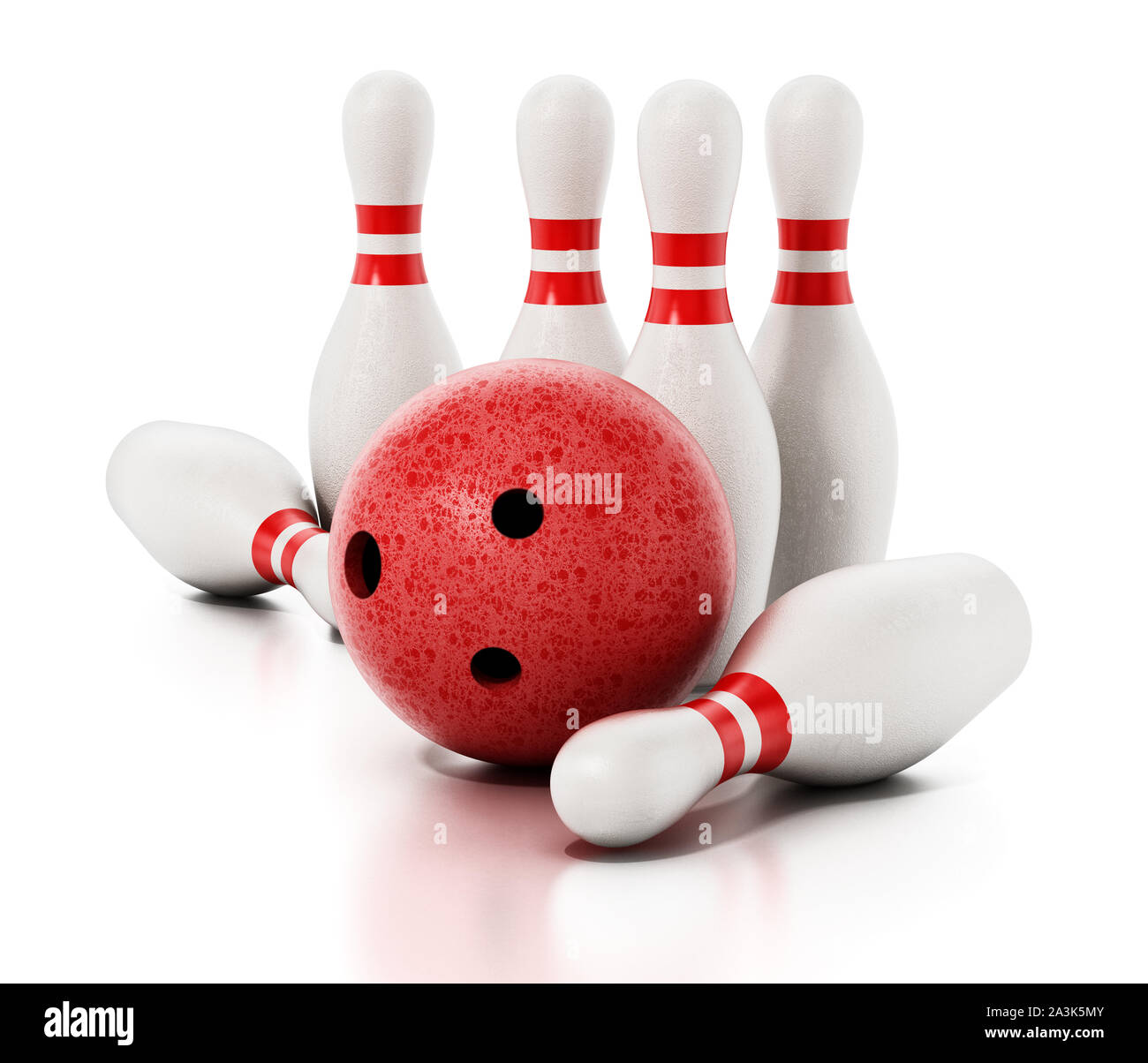 Bowling pins and red bowling ball isolated on white background. 3D ...