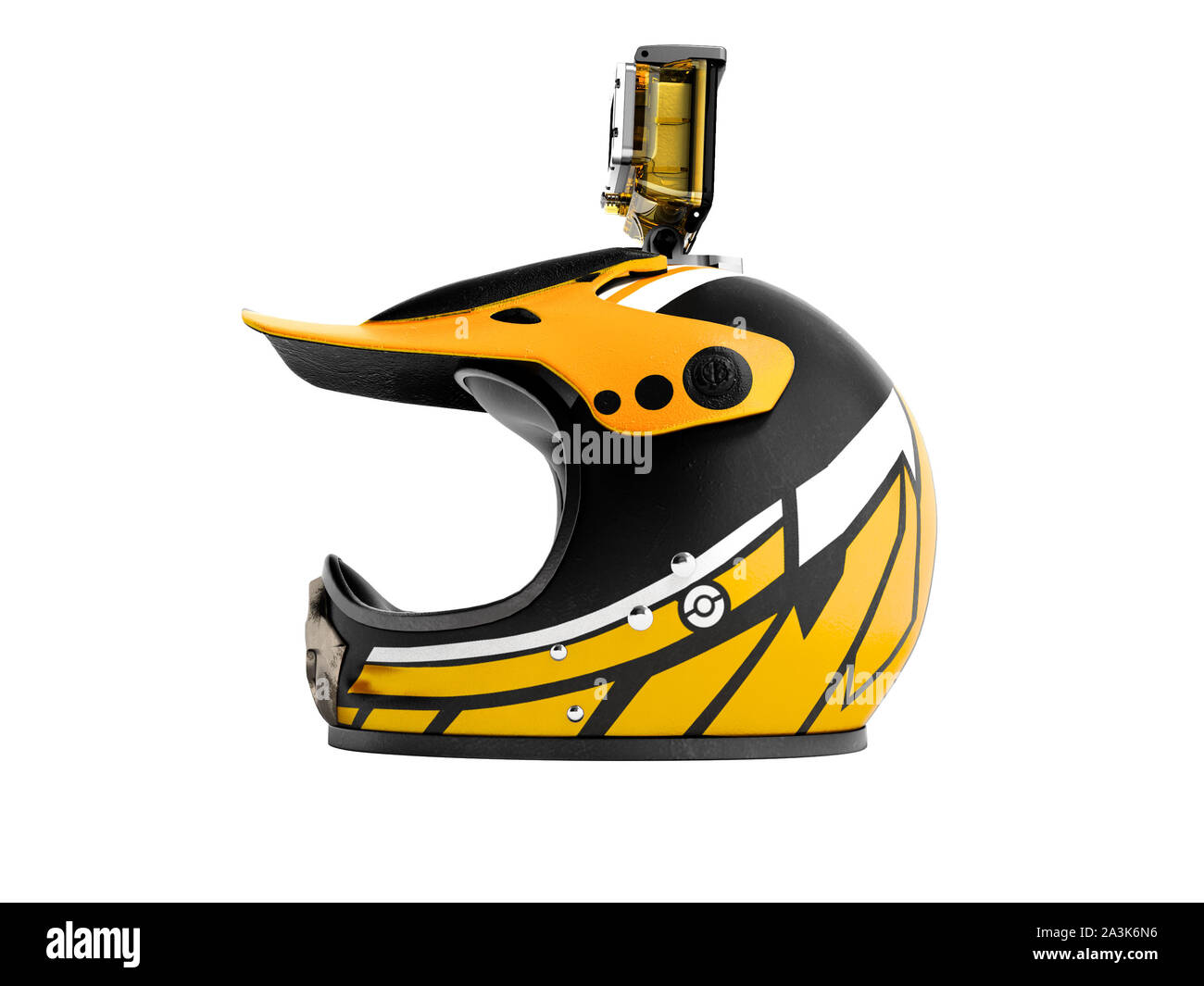 Modern yellow motorcycle helmet with yellow action camera left 3d ...