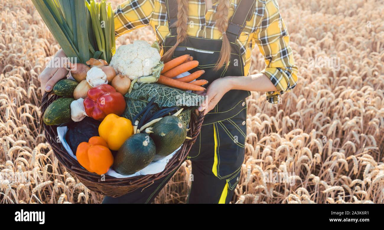 Woman carrying basket with healthy and locally produced vegetables ...