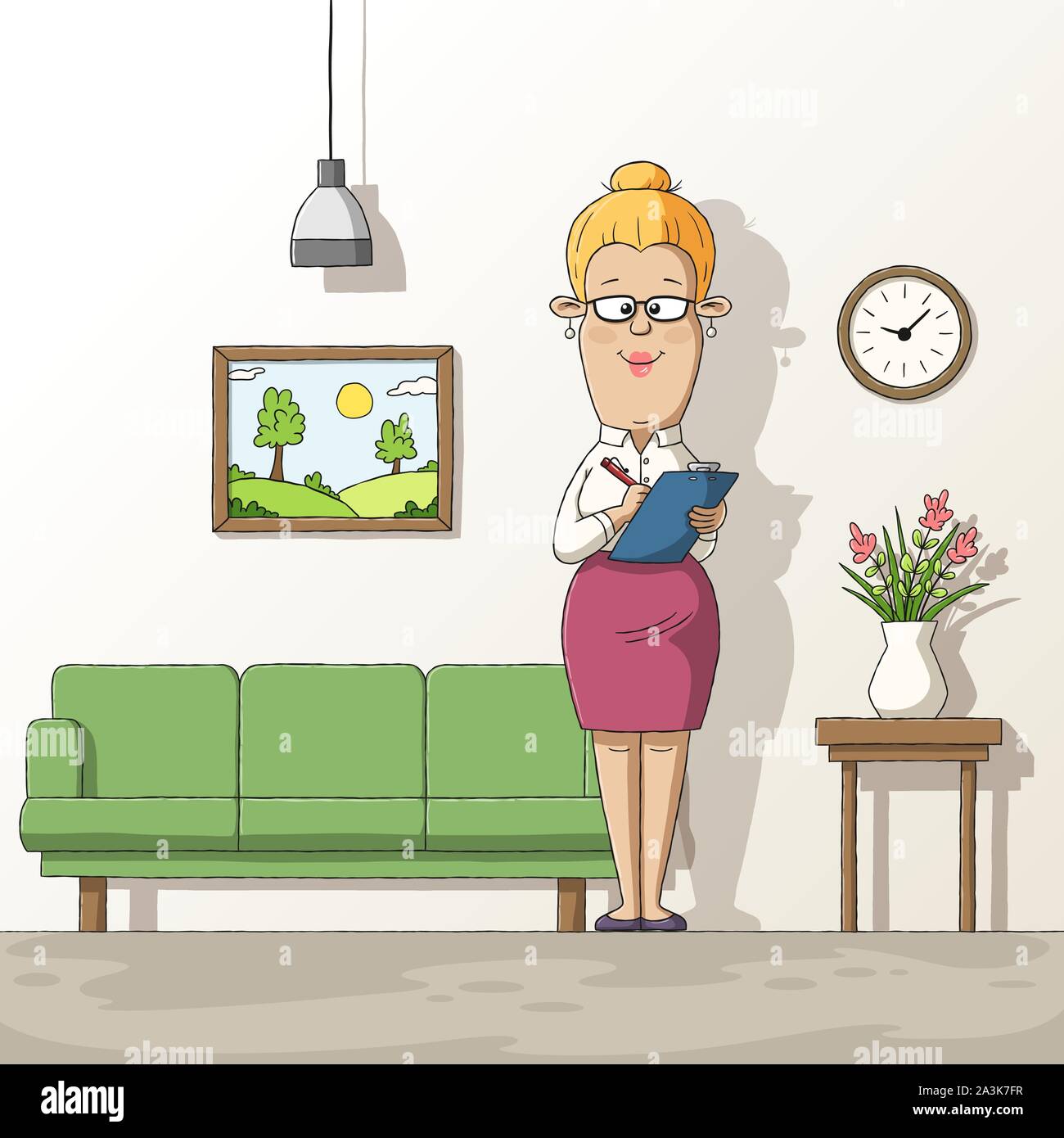 Psychologist in the office. Hand drawn vector illustration with ...