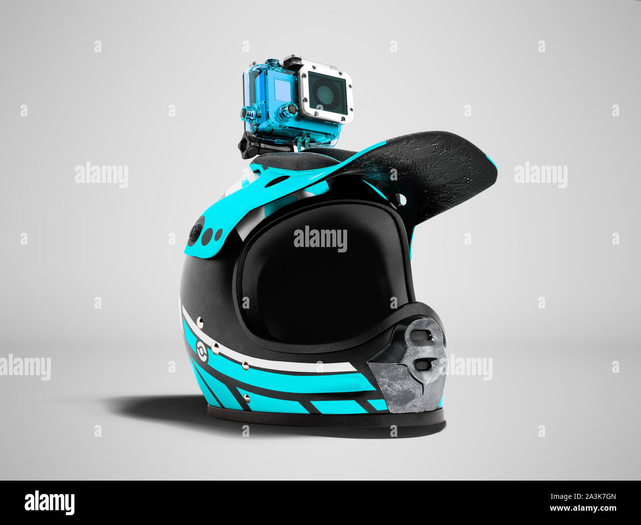 Modern blue motorcycle helmet with blue action camera 3d render on gray ...