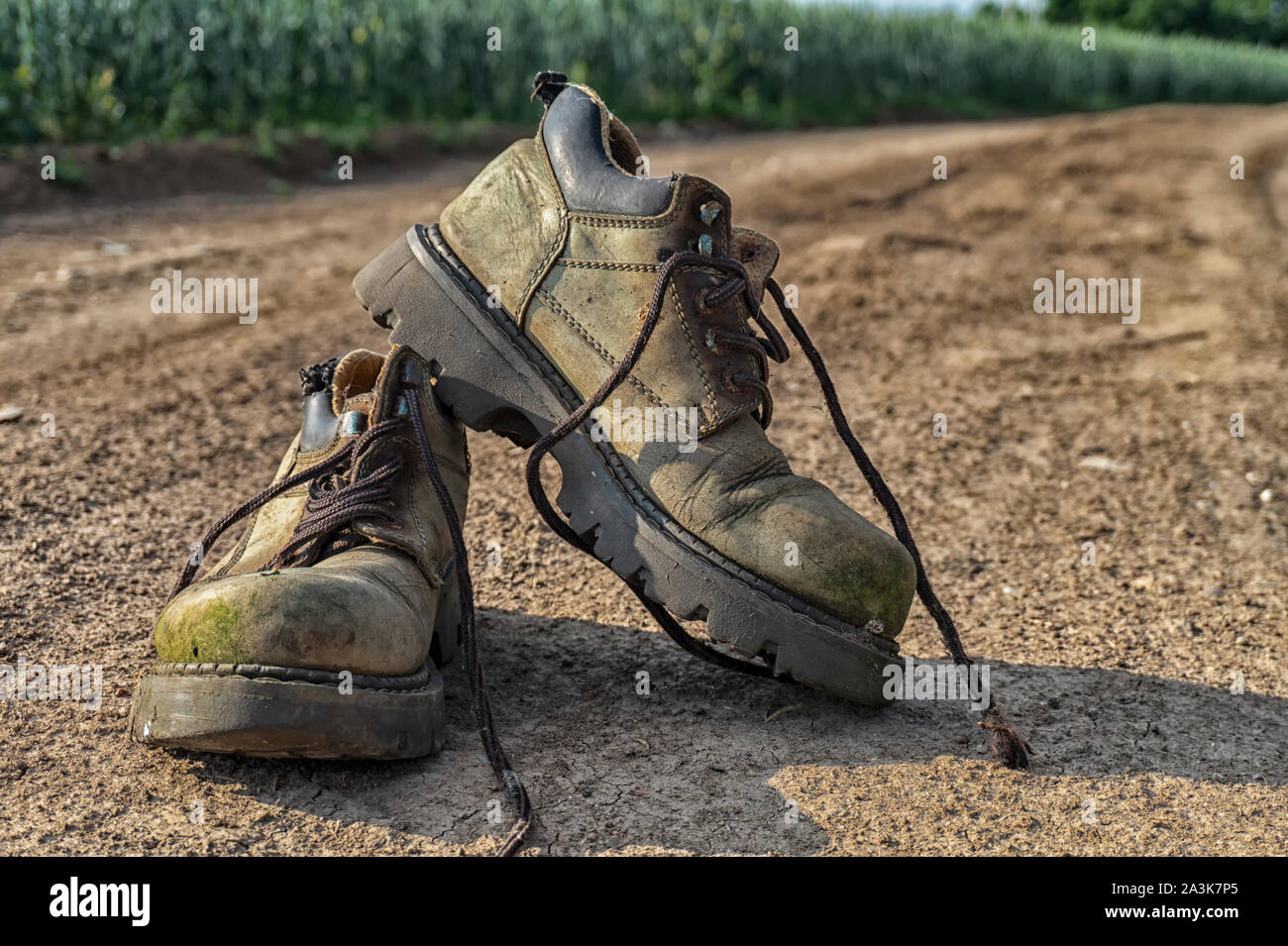 Pair of old worn leather hiking boots an a gravel path or road balanced ...