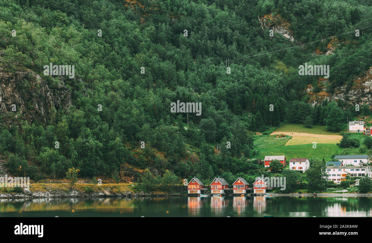 Flam, Norway. Famous Red Wooden Docks In Summer Evening. Small Tourist ...