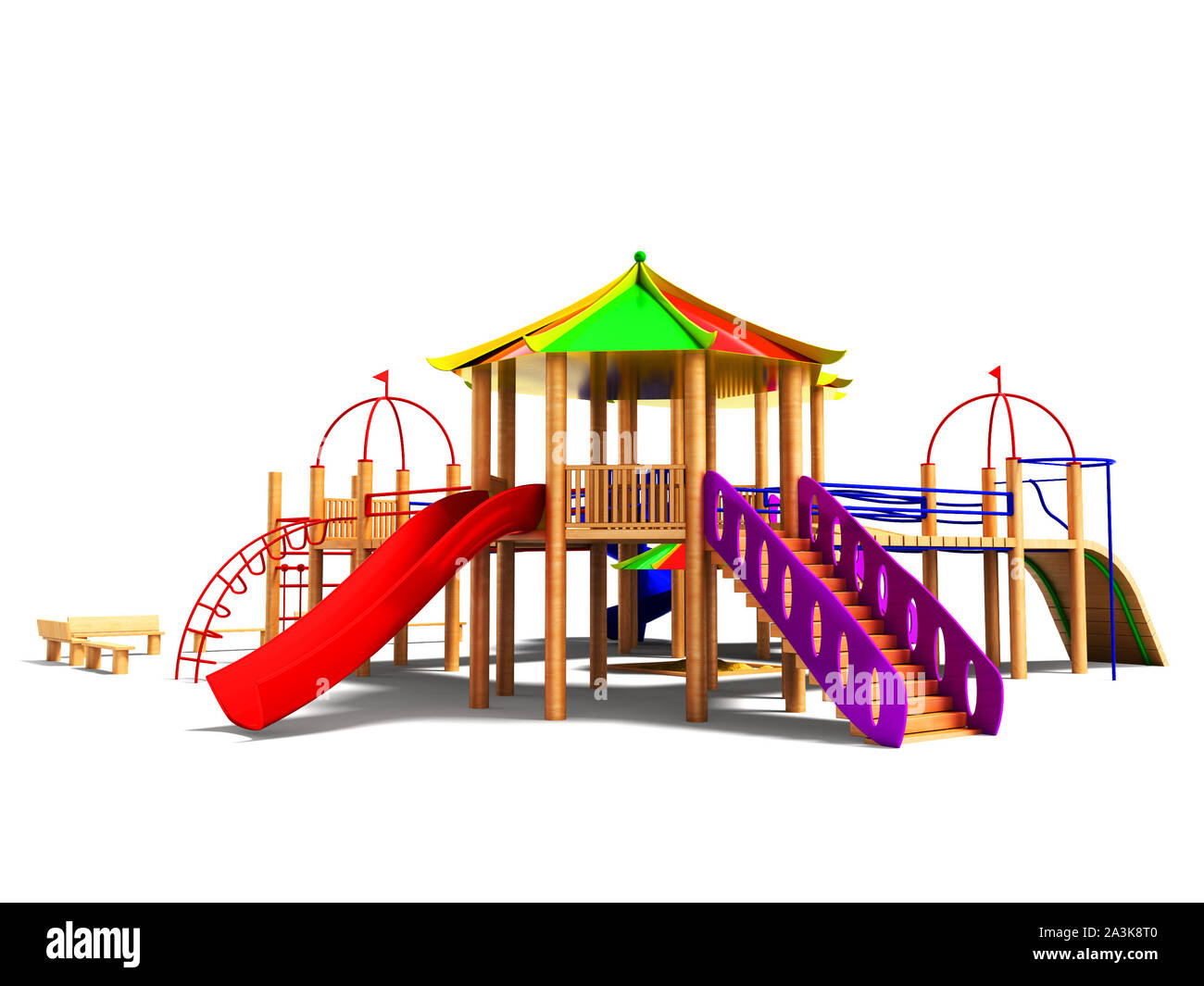 Modern playground for children with tree with fast descents 3d render ...
