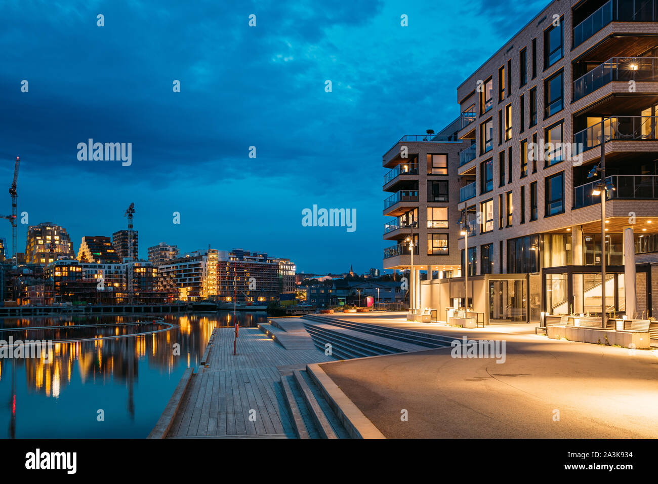 Oslo, Norway. Night View Embankment And Residential Multi-storey House ...