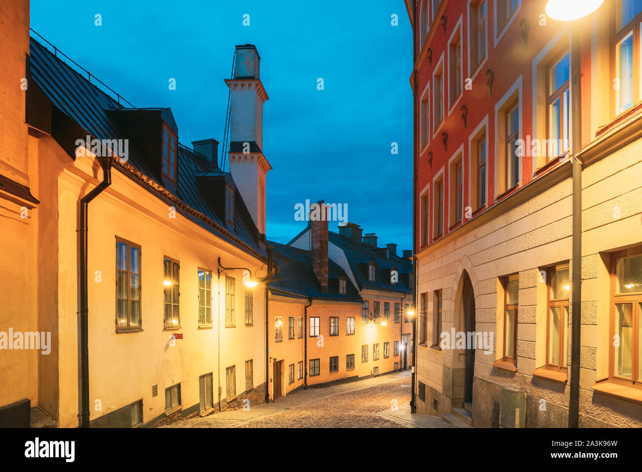 Stockholm, Sweden. Night View Of Traditional Stockholm Street ...