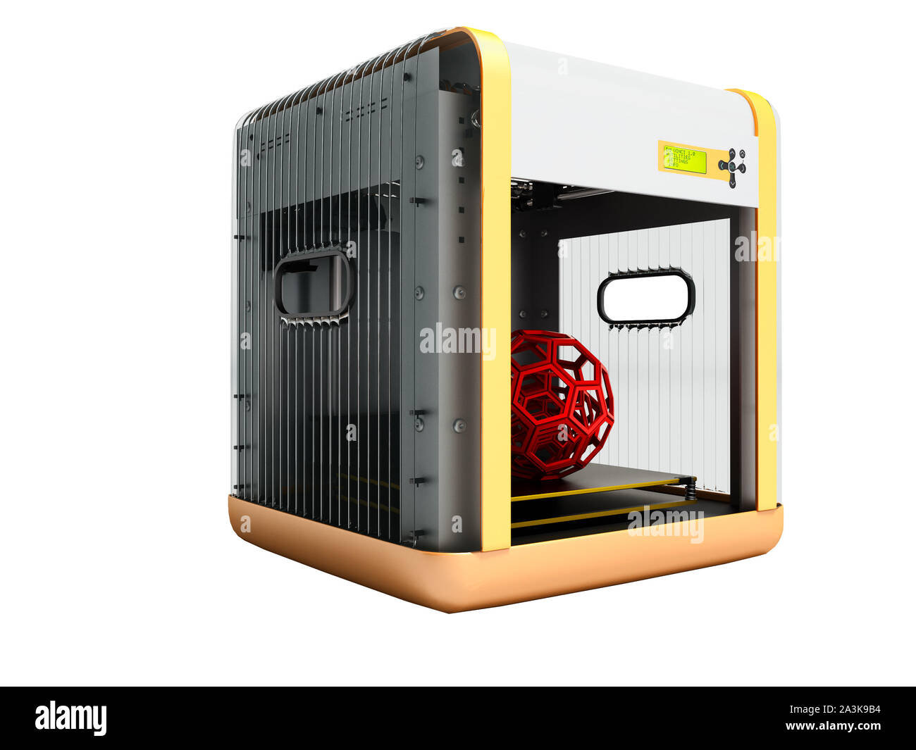 Modern 3d printer for work with geometric model red front view 3D ...