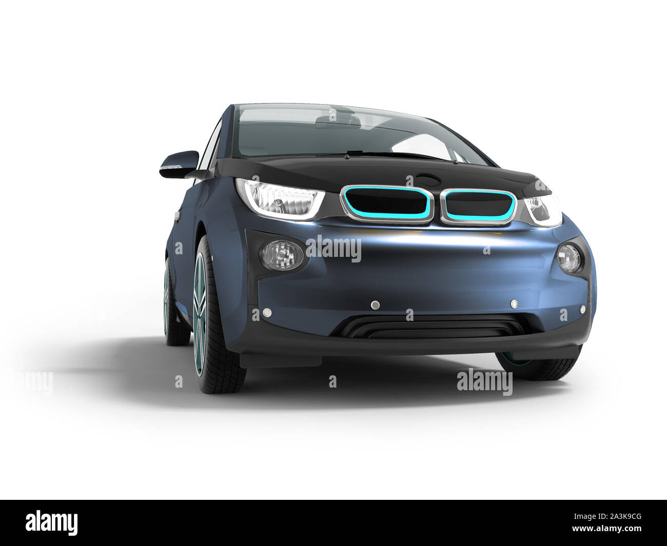 Modern new blue electric car front view 3d render on white background ...