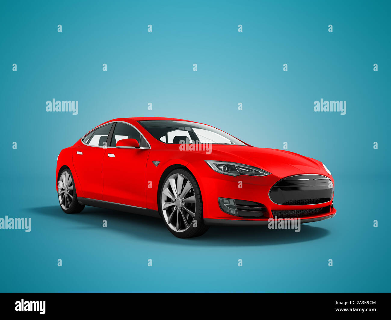 Modern new red electric car 3d rendering on blue background with shadow ...