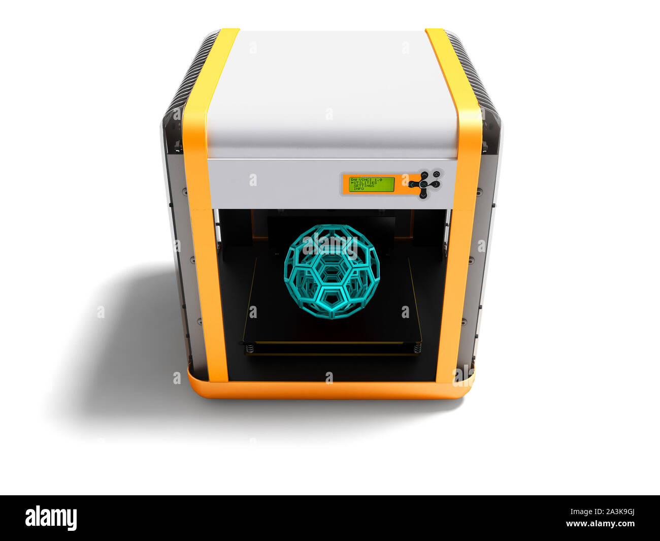 Modern white 3d printer for work with geometric model blue top view ...