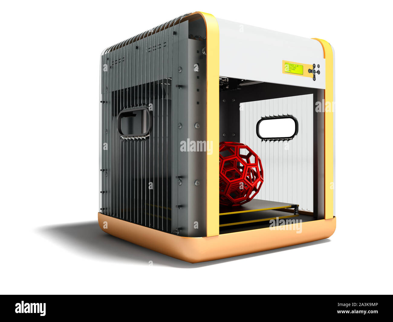 Modern 3d printer for work with geometric model red front view 3D ...