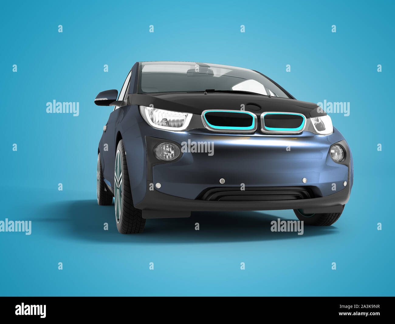 Modern new blue electric car front view 3d render on blue background ...