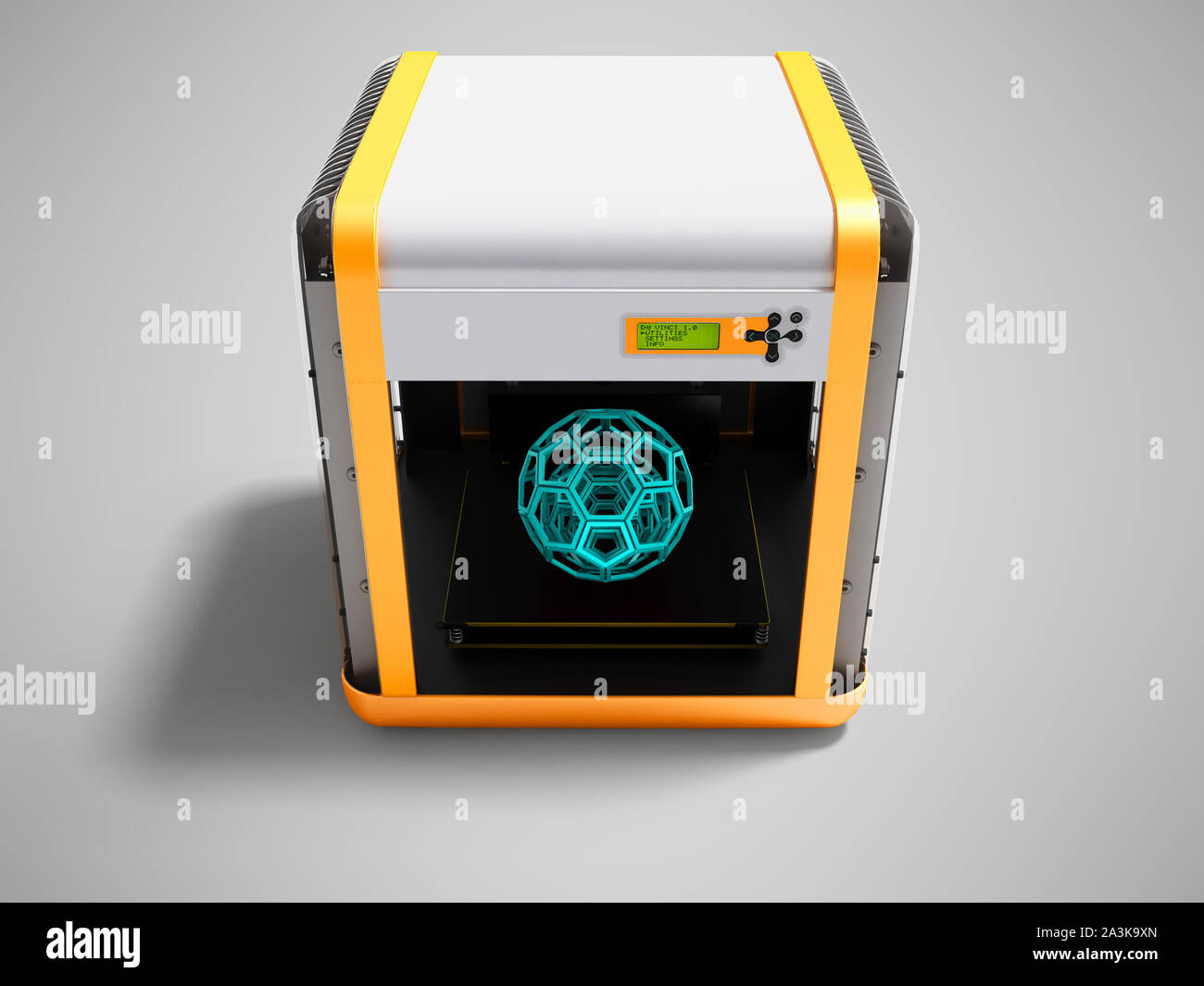 Modern white 3d printer for work with geometric model blue top view ...