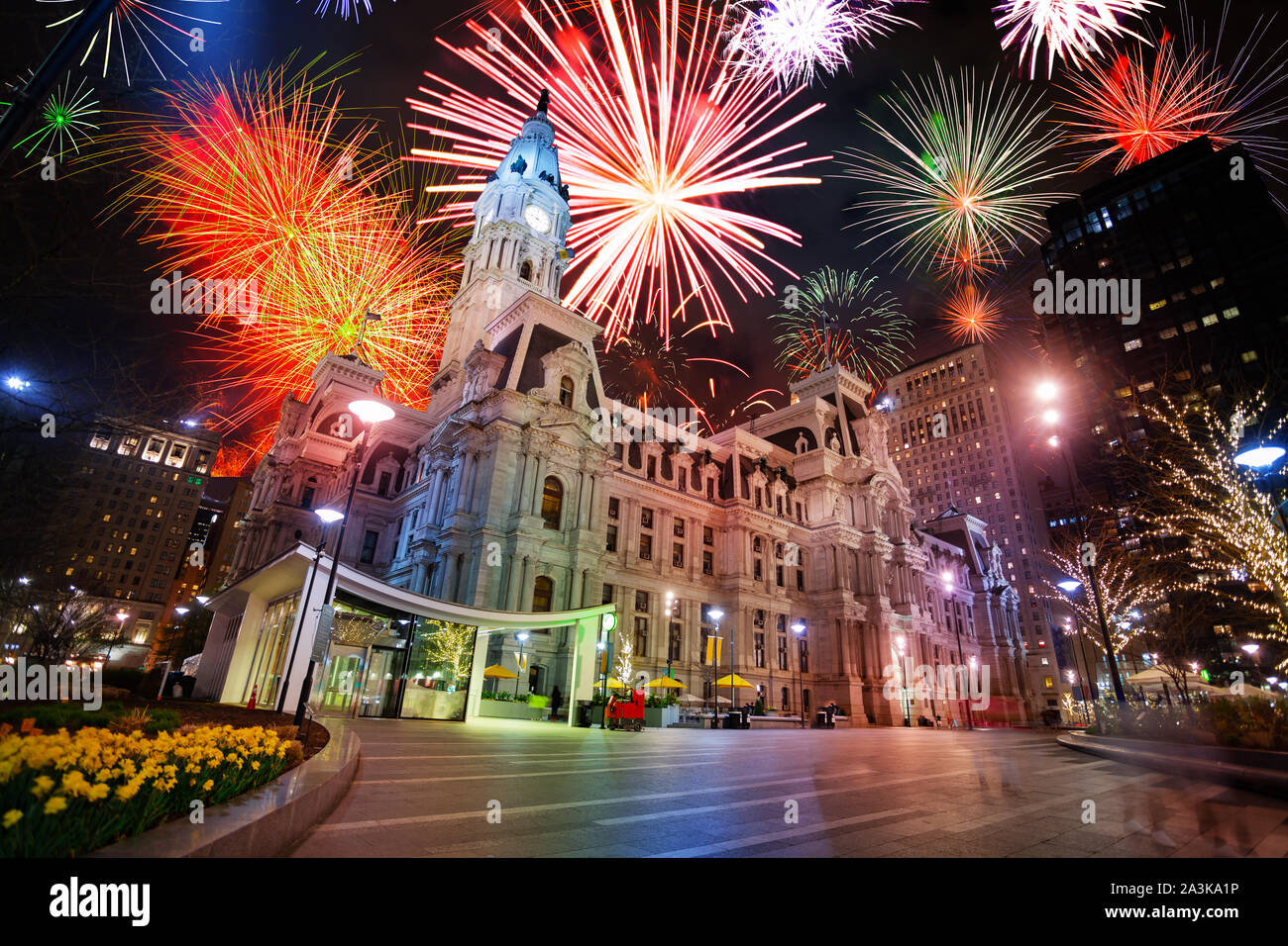 City hall in Philadelphia, PA, USA and fireworks Stock Photo - Alamy