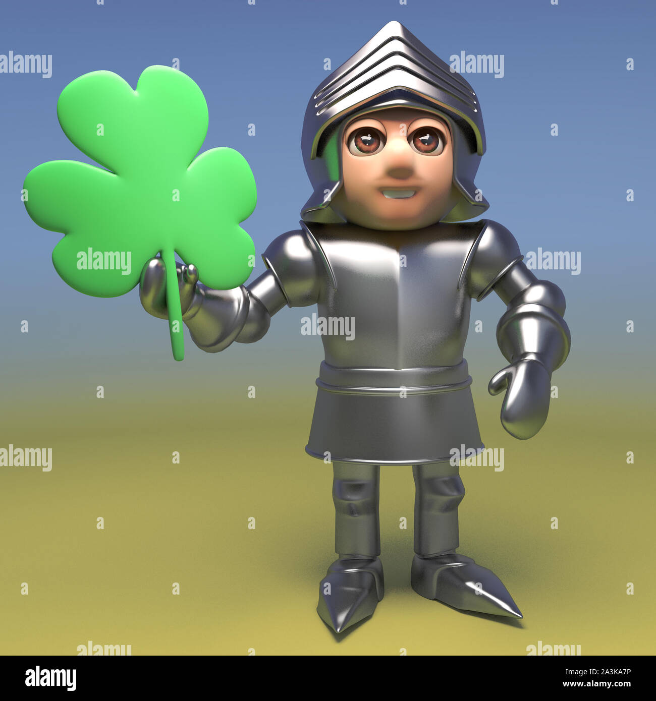 3d cartoon armoured medieval knight holding a shamrock clover lead, 3d ...