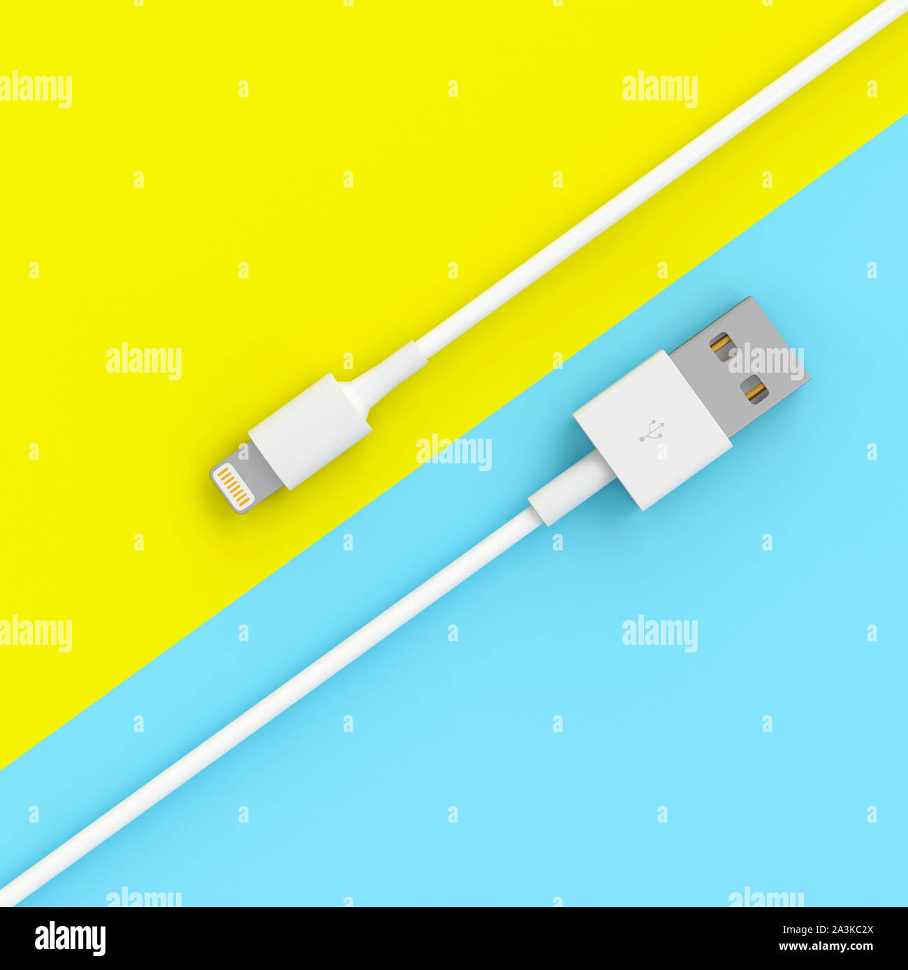 3d render of a classic usb cable on a blue and yellow bicolor ...