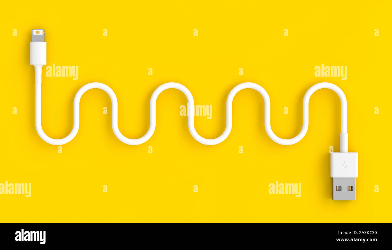 3d render of a classic serpentine shaped usb cable on a yellow ...