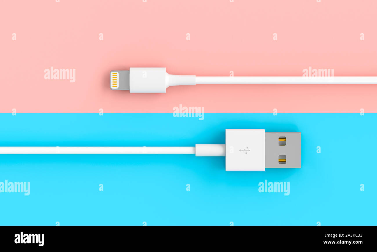3d render of a classic usb cable on a blue and pink bicolor background ...