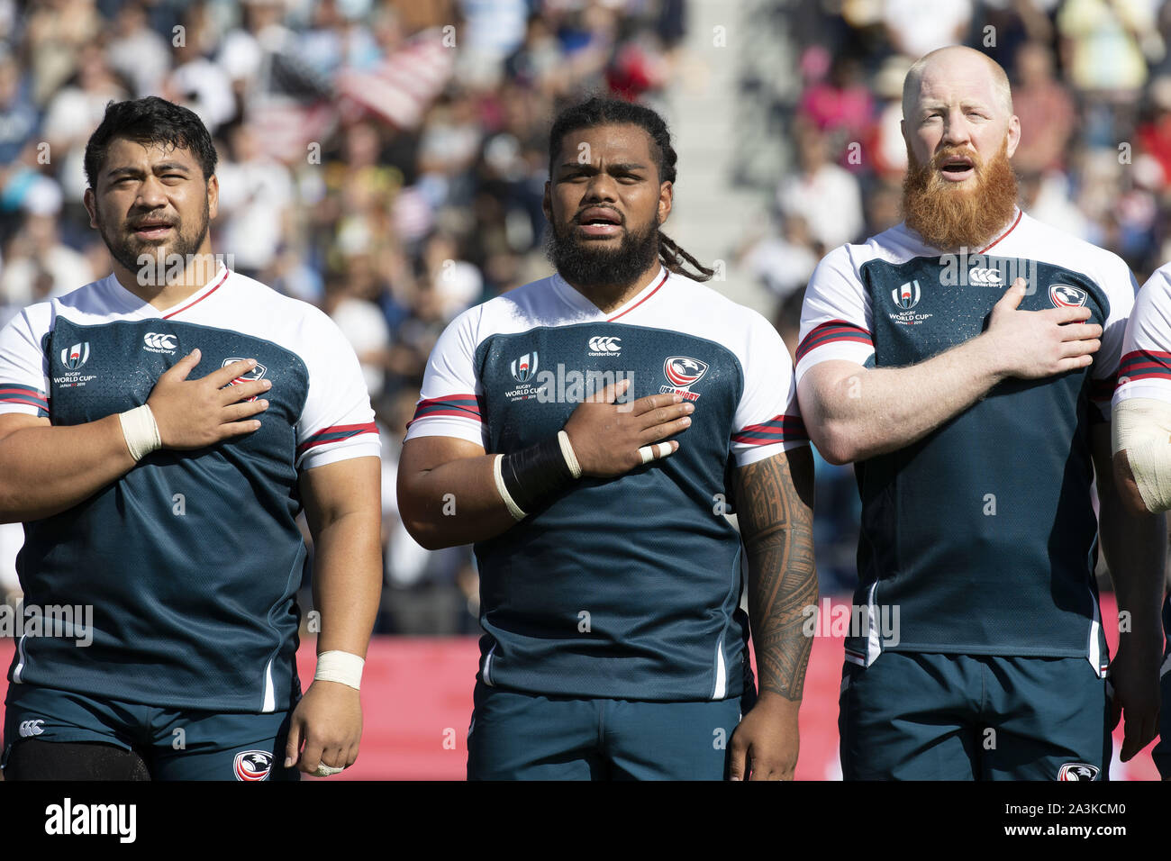 Saitama, Japan. 9th Oct, 2019. Players sing the national anthem of the ...
