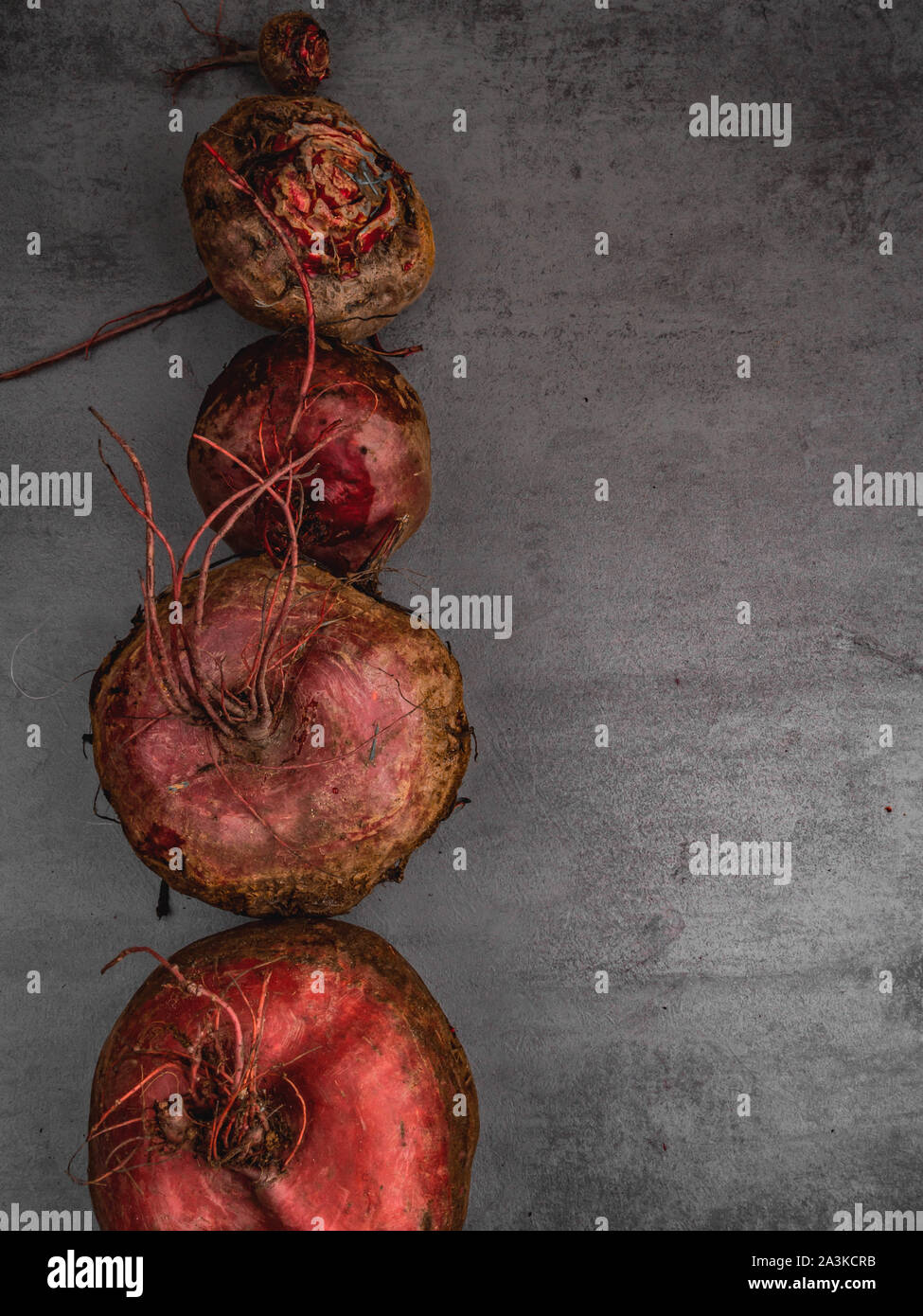 Beet, beetroot bunch on grey stone background. Copy space. Top view ...