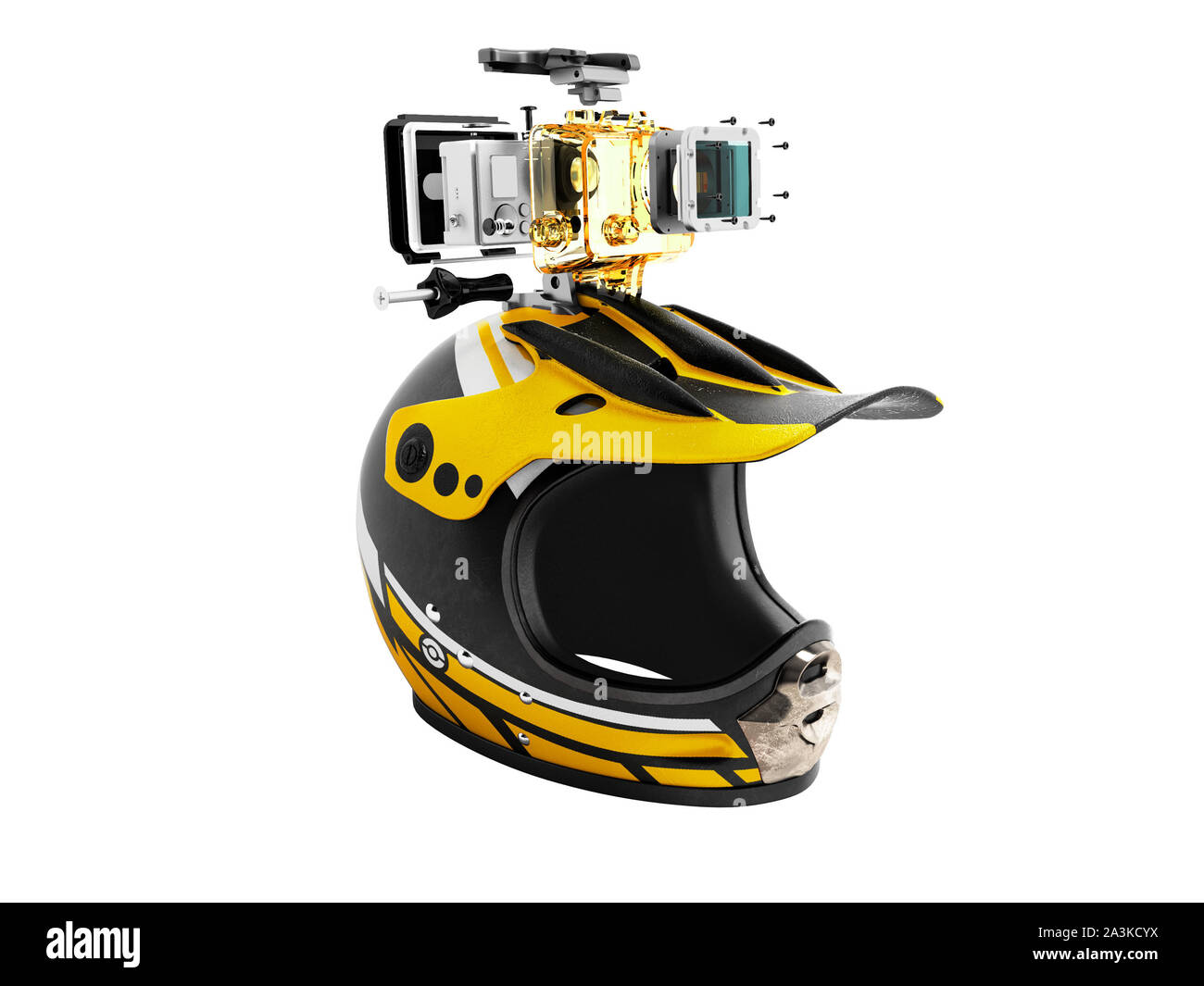 Modern yellow motorcycle helmet with yellow camera right view 3d render ...