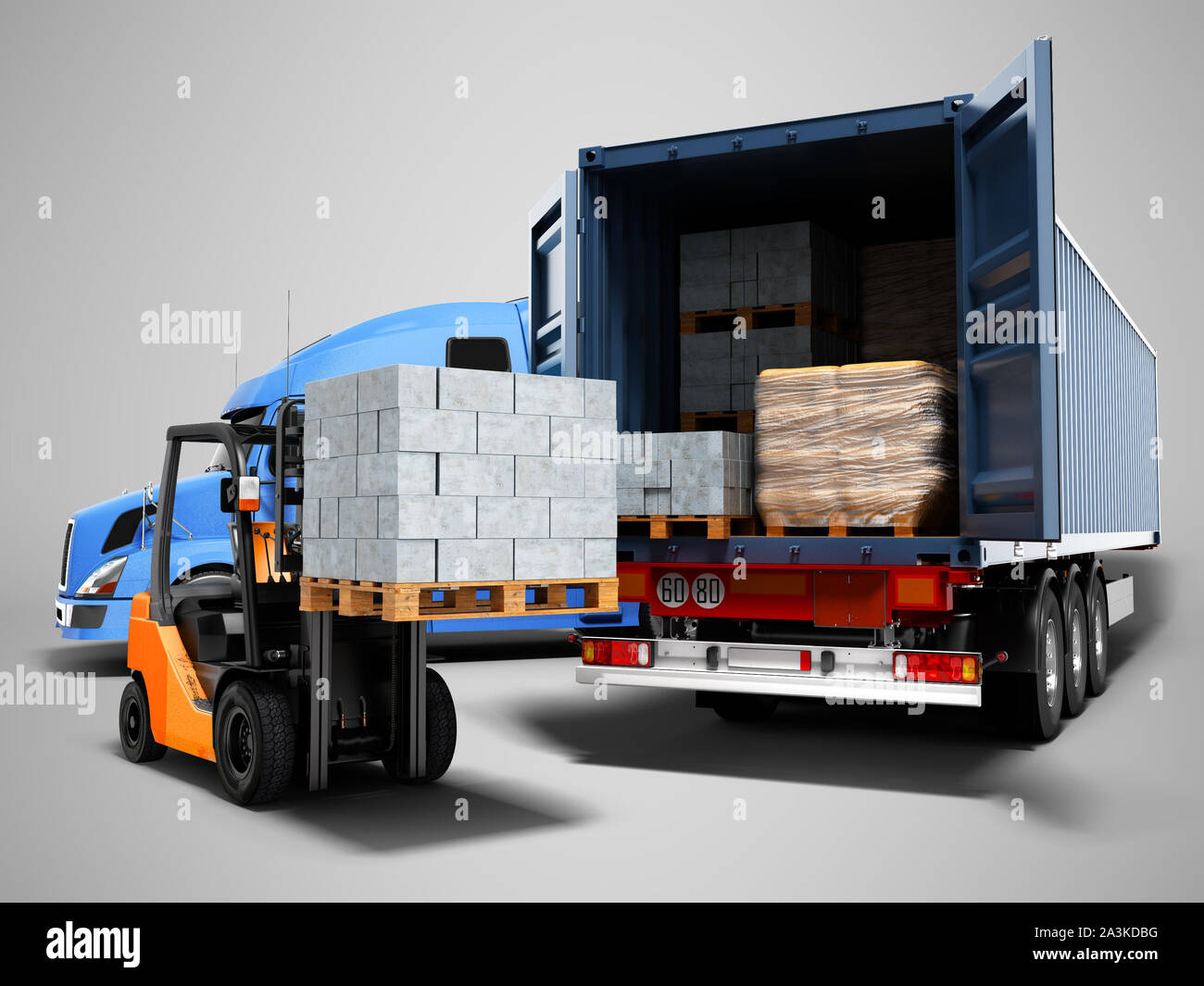 Modern concept of loading and unloading cargo from blue tractor with ...