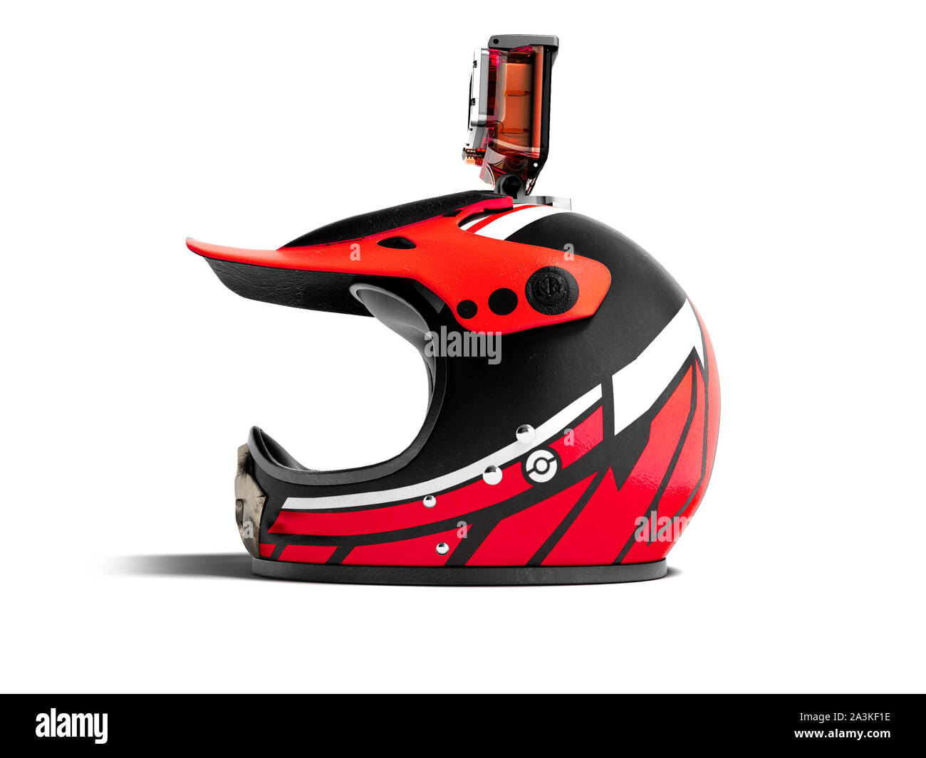 Modern red motorcycle helmet with red camera action left 3d render on ...