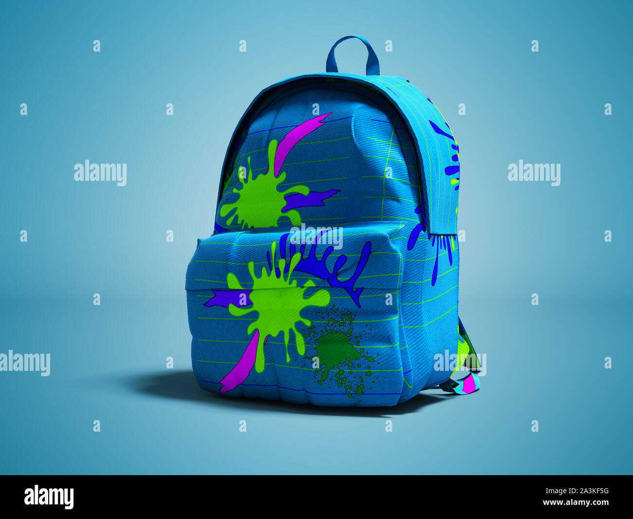 Blue school bag backpack with spots right view 3d render on blue ...