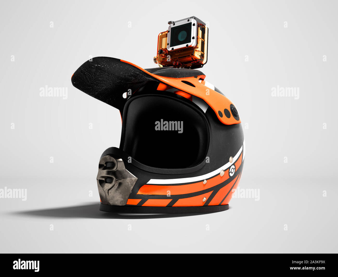 Modern orange motorcycle helmet with an action camera view perspective ...