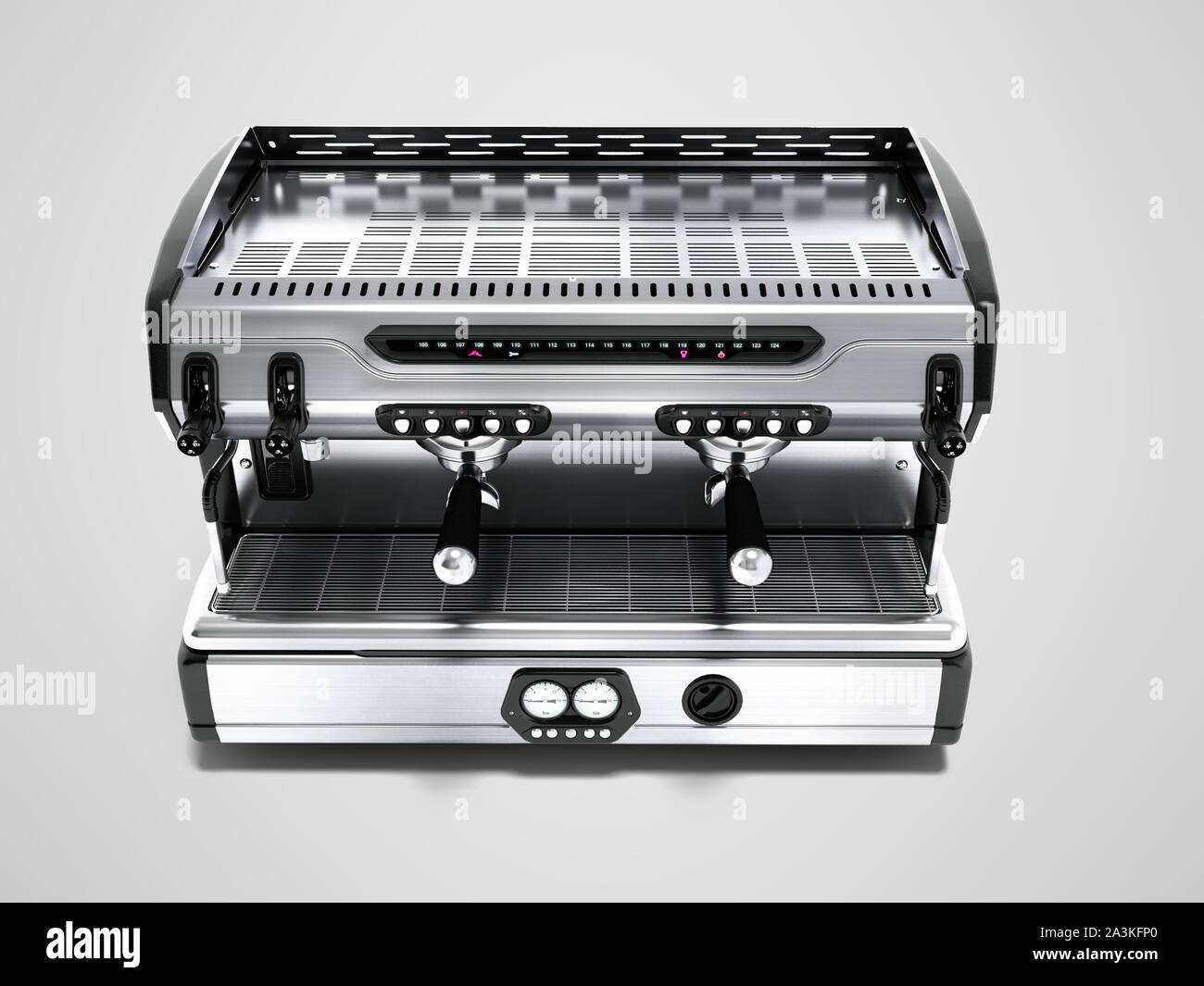 Modern metal professional coffee machine for four cups front view 3d ...