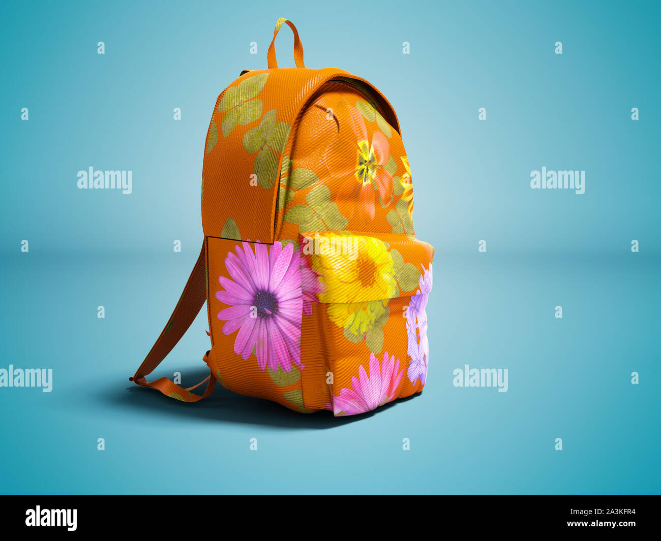 Modern orange backpack in school for girl and teenager with flowers ...