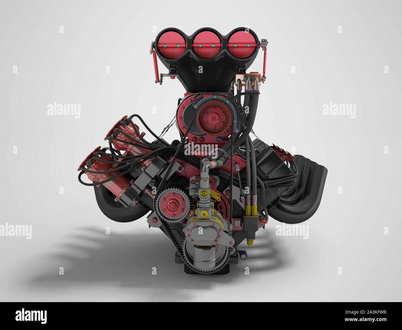 Red engine with supercharger front view 3d render on gray background ...