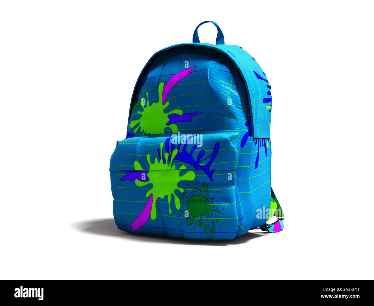 Blue school bag backpack with spots right view 3d render on white ...