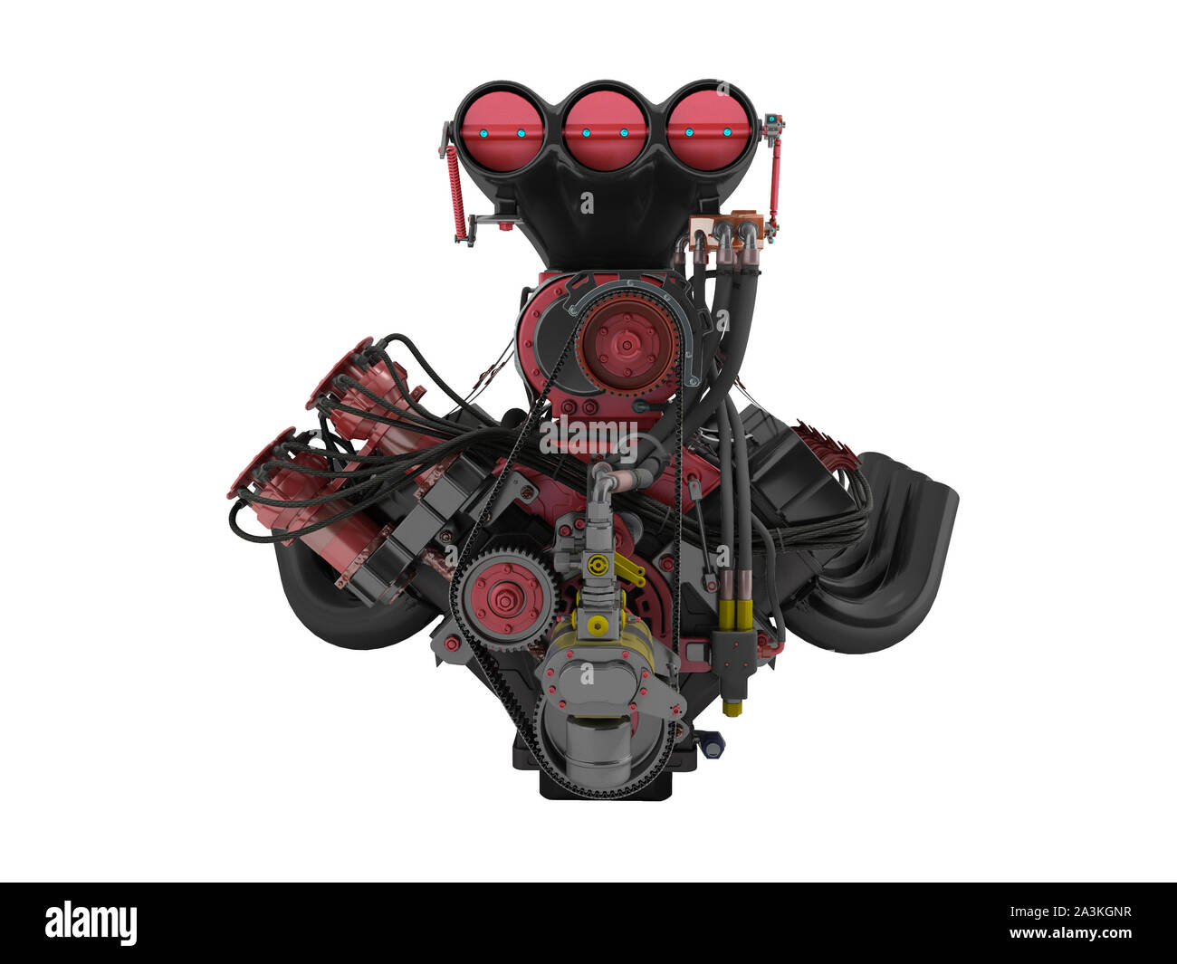 Red engine with supercharger front view 3d render on white background ...