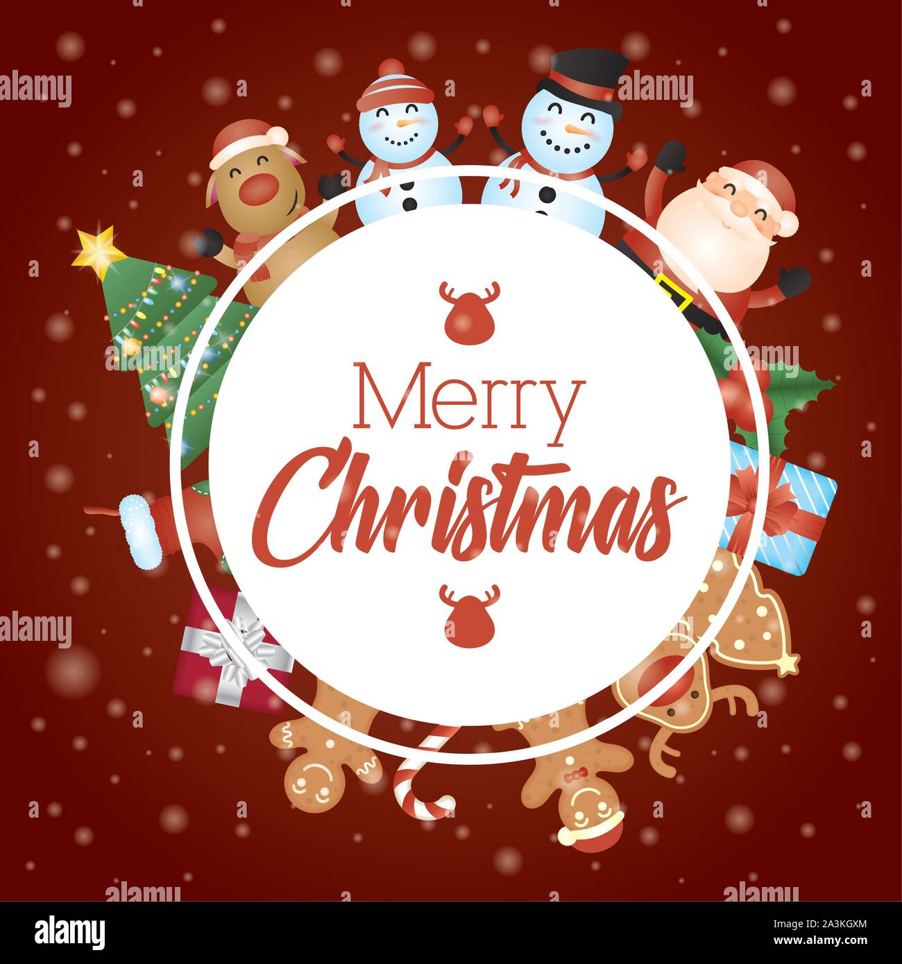 merry christmas card with characters in circular frame Stock Vector ...