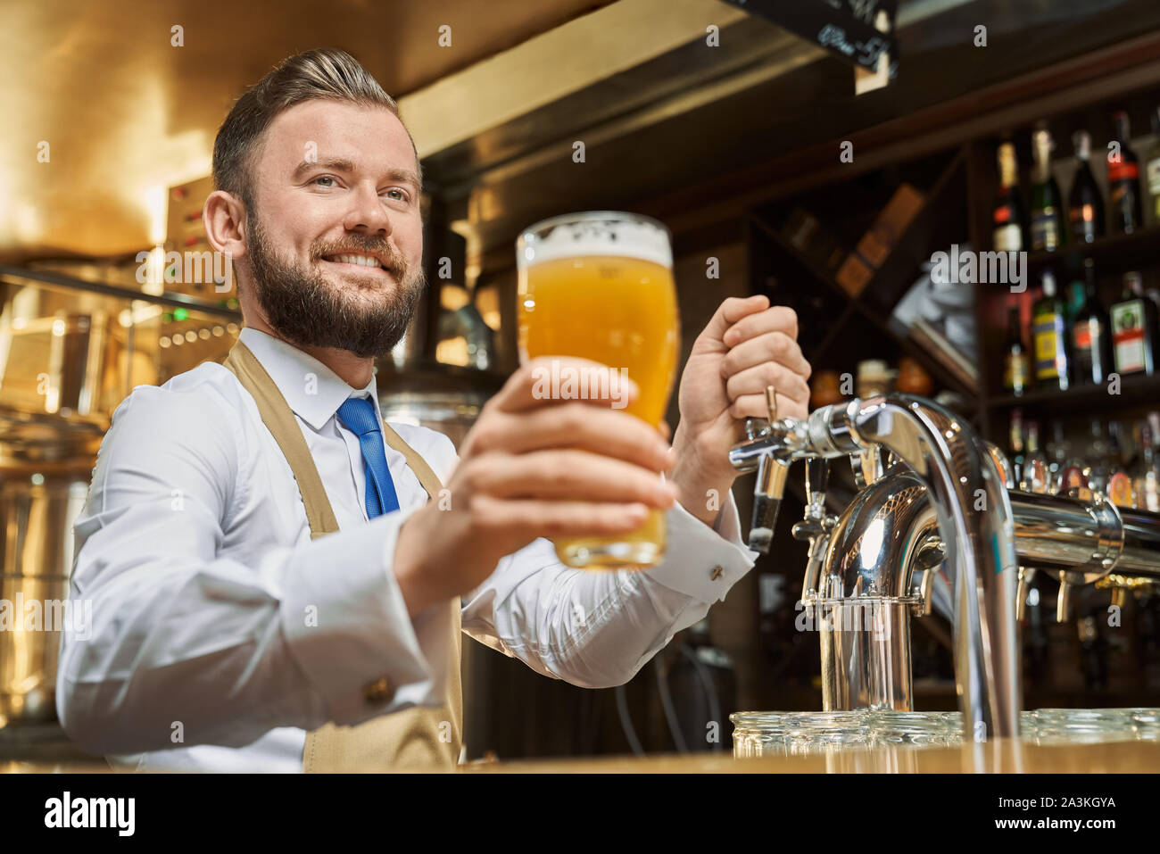 Positive, handsome barman holding cold lager beer glass. Cheerful ...