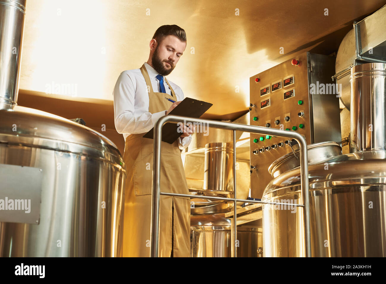 Handsome, serious, confident engineer inspecting brewery process ...