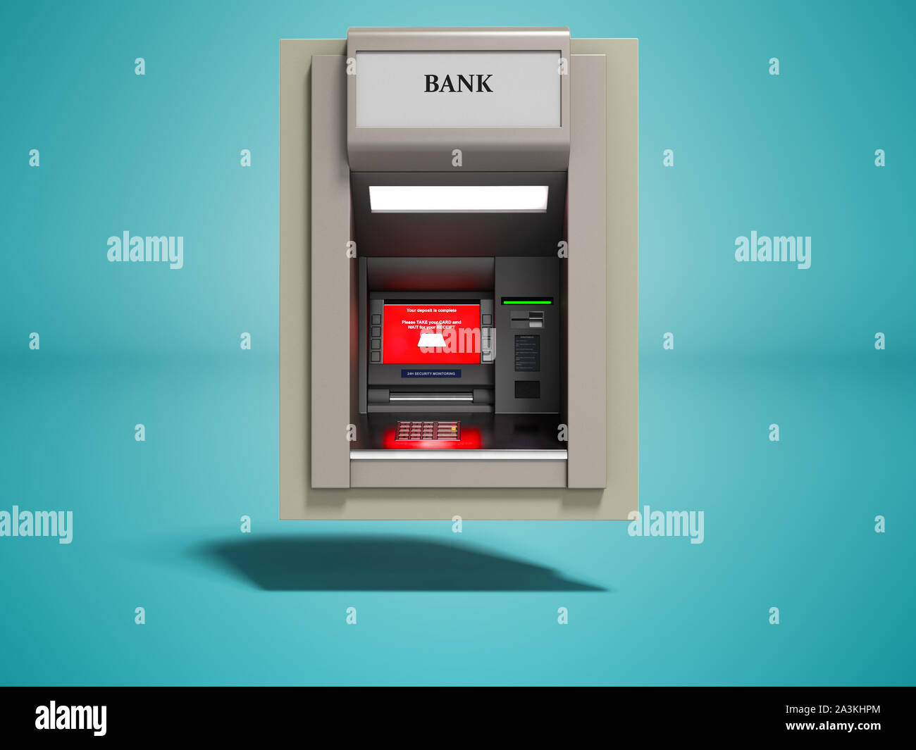 Modern gray ATM included 3d render on blue background with shadow Stock ...
