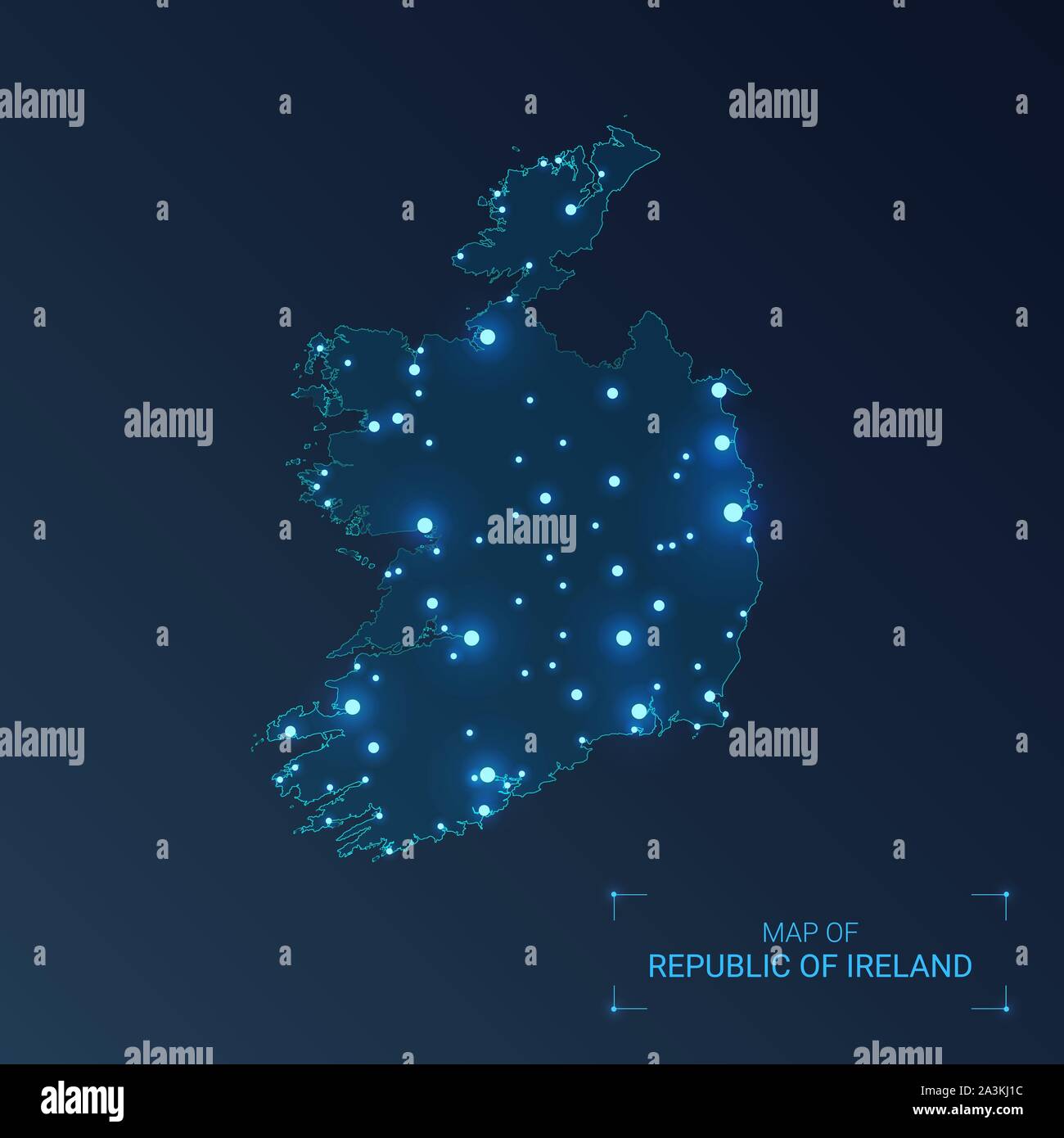 Ireland map with cities. Luminous dots - neon lights on dark background ...
