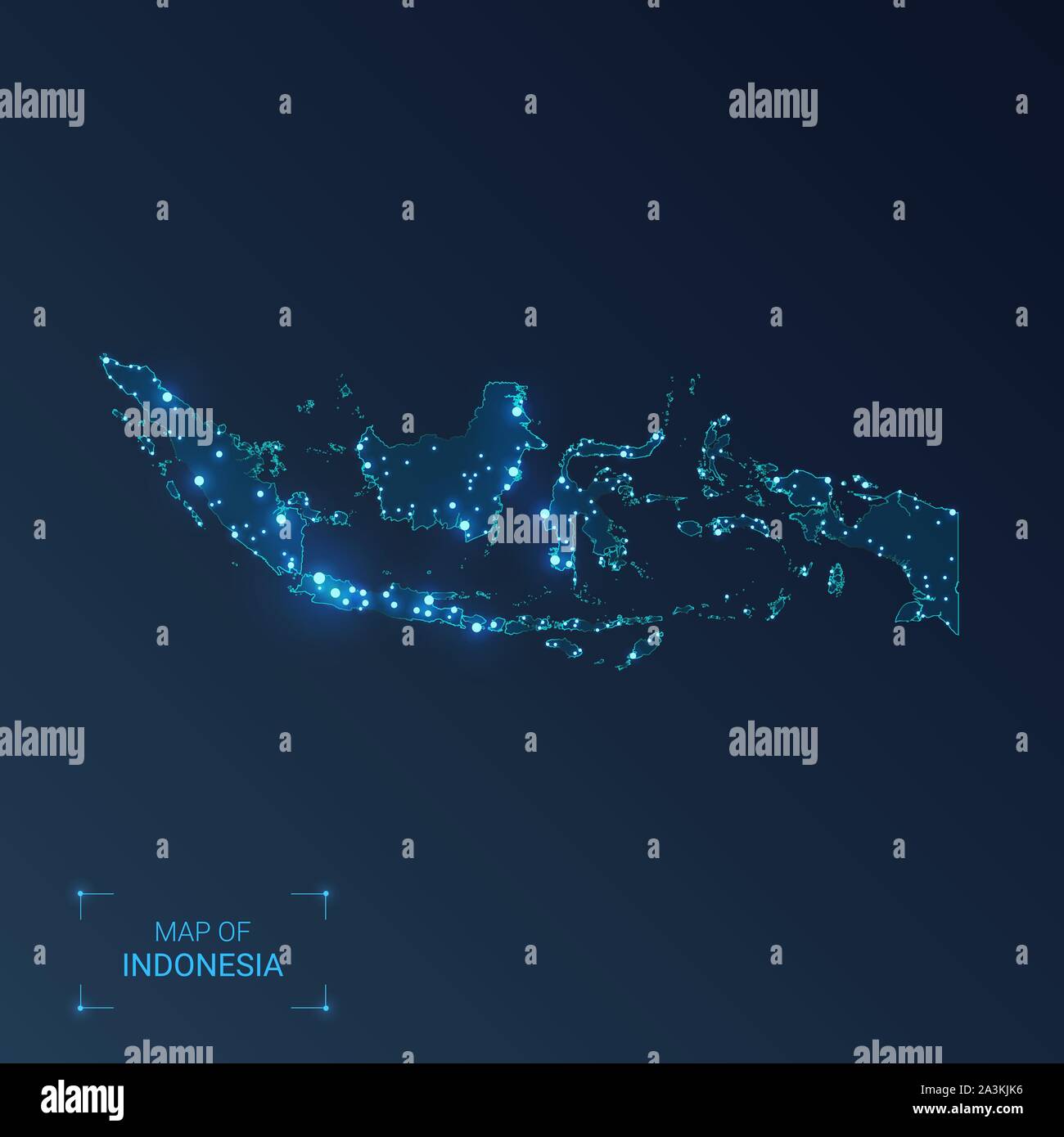 Indonesia map with cities. Luminous dots - neon lights on dark ...