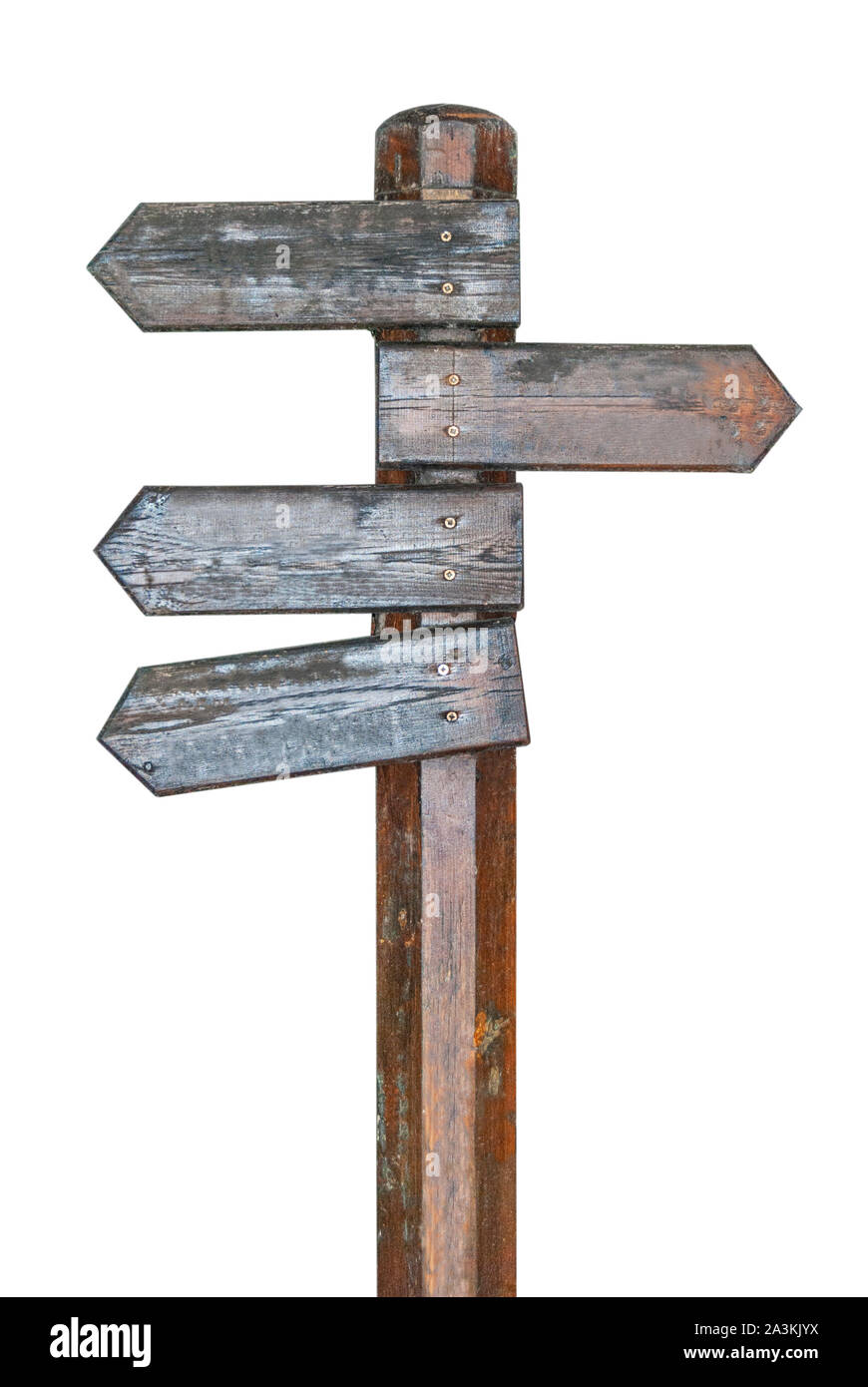 A wooden empty sign with many destinations isolated on white background ...