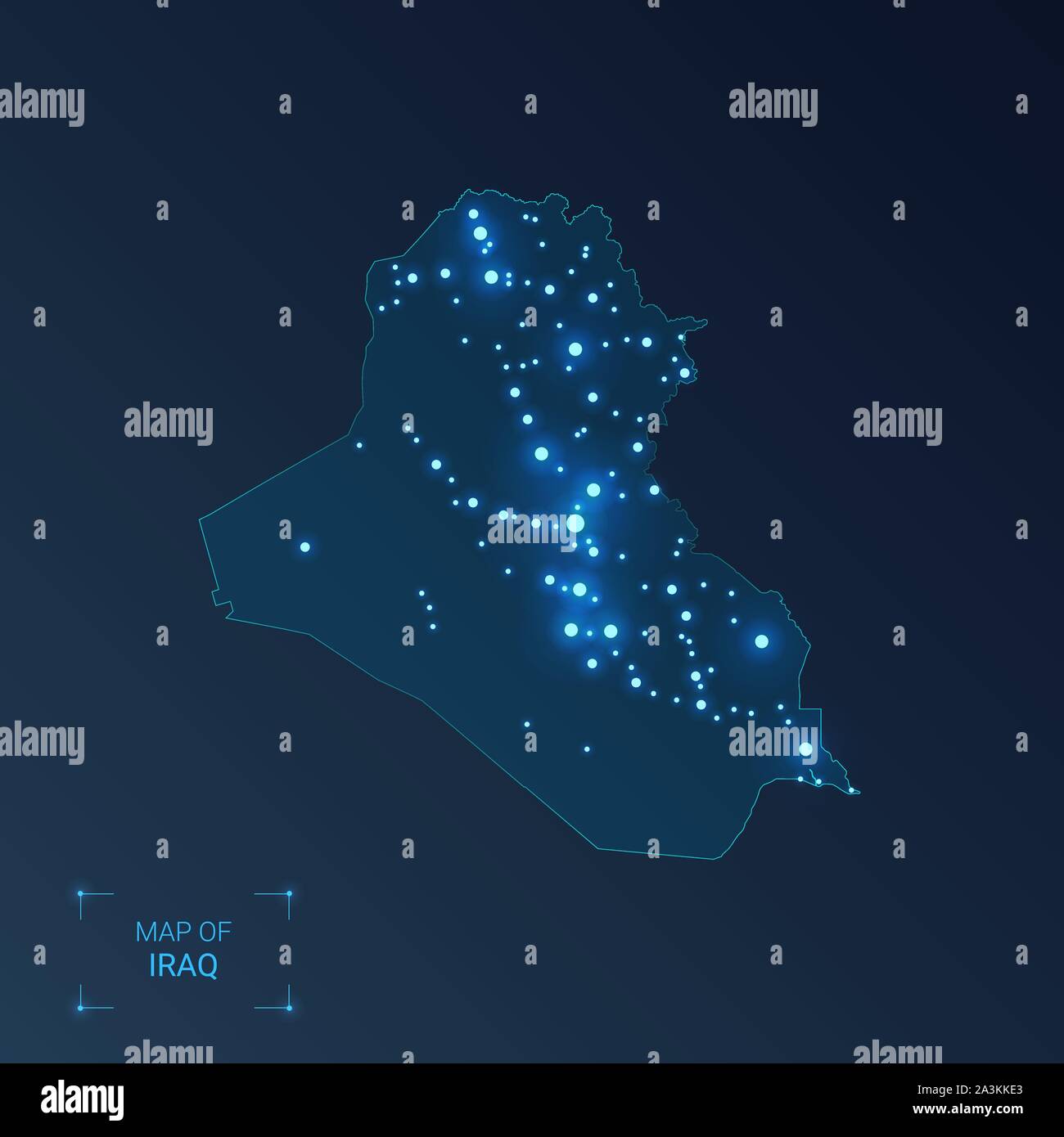 Iraq map with cities. Luminous dots - neon lights on dark background ...