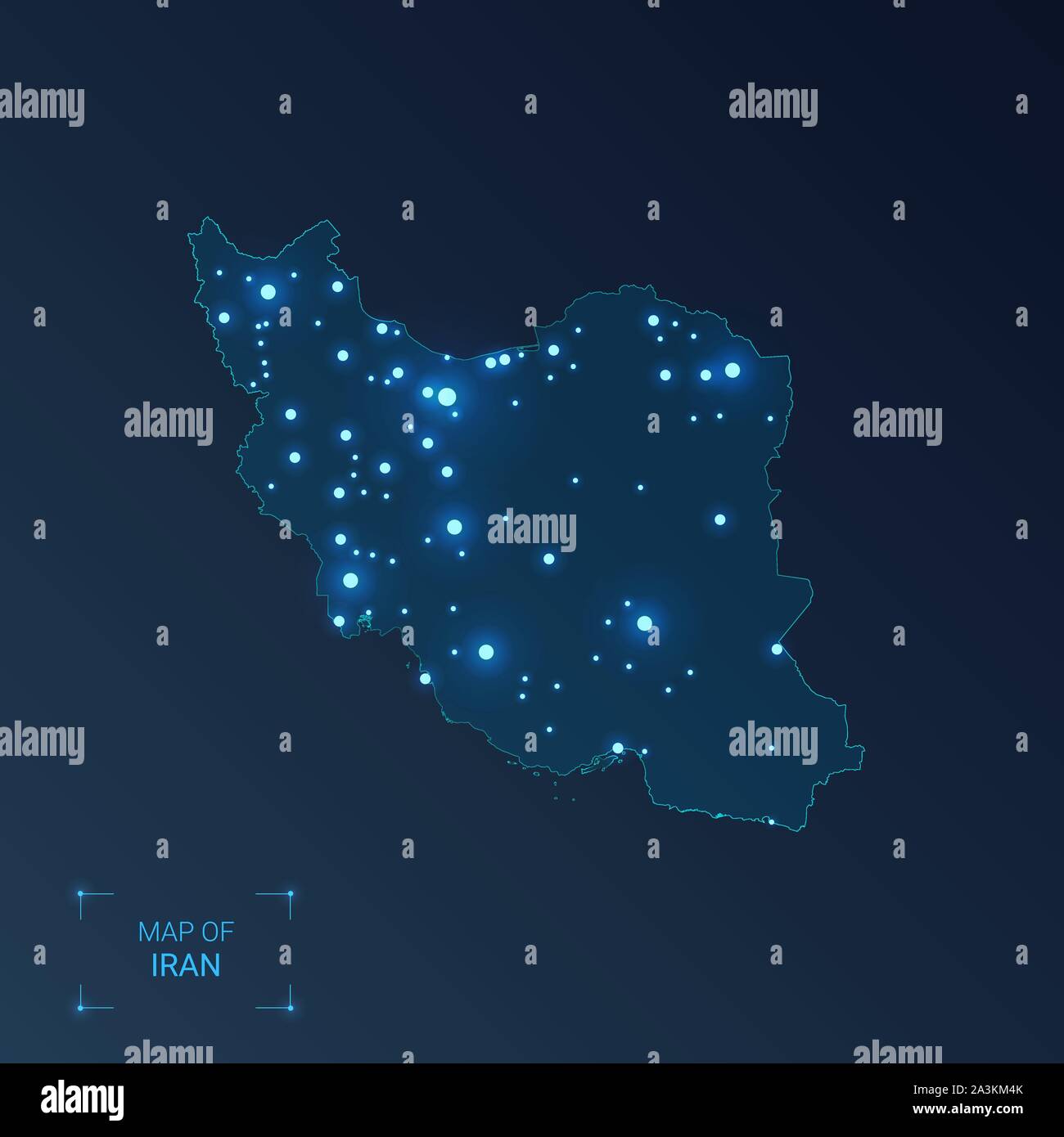 Iran map with cities. Luminous dots - neon lights on dark background ...
