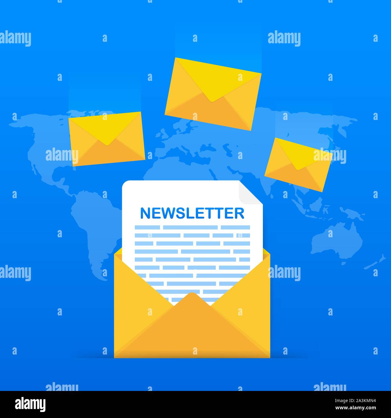 Envelope with a newsletter concept. Open message with the document ...