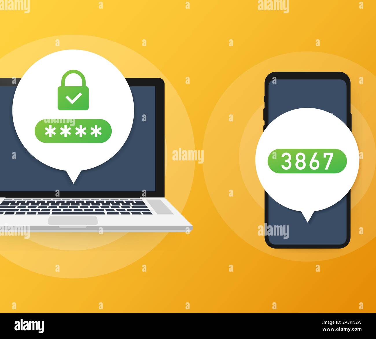 Two step authentication vector illustration, flat cartoon smartphone and computer safety login ...
