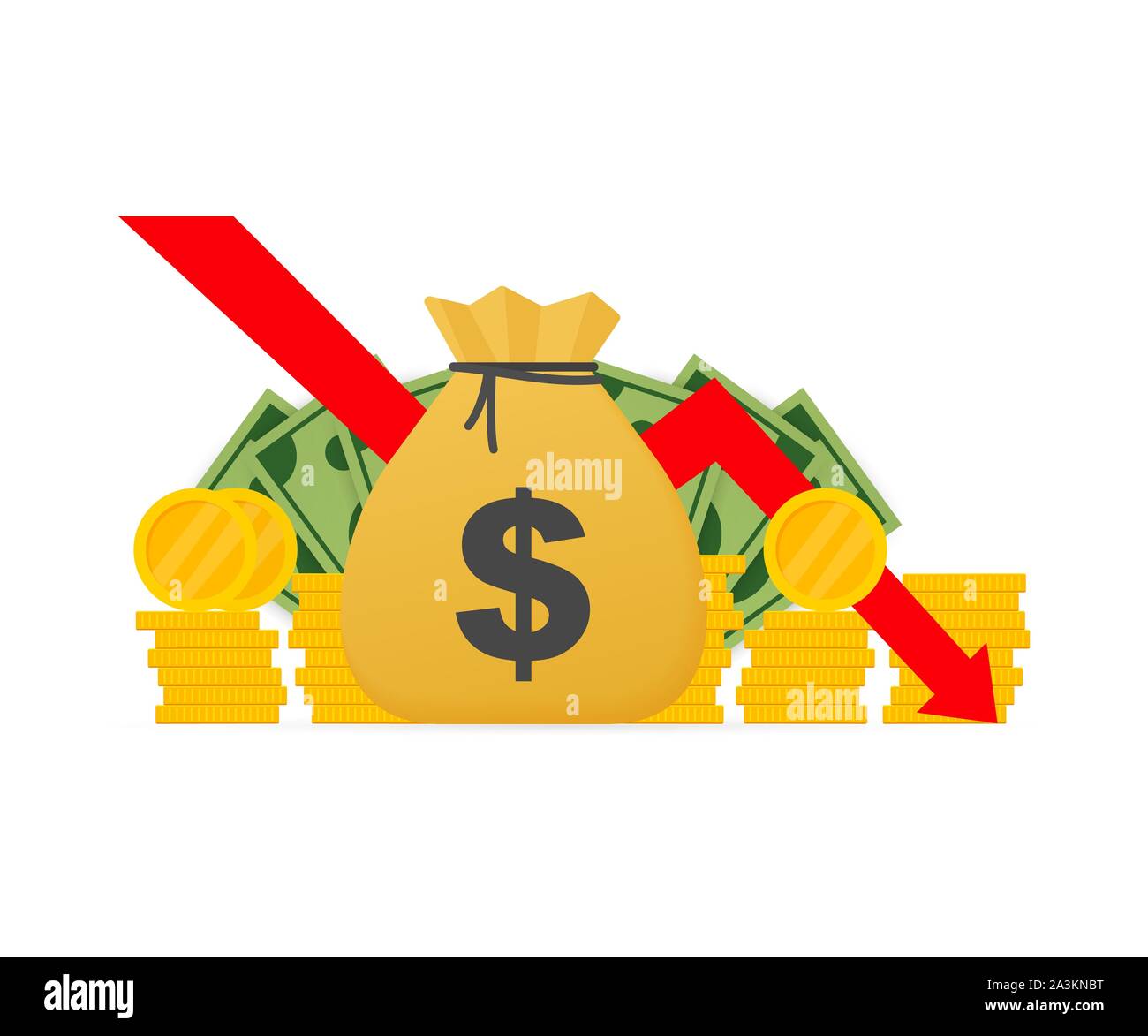 Money loss. Cash with down arrow stocks graph, concept of financial ...