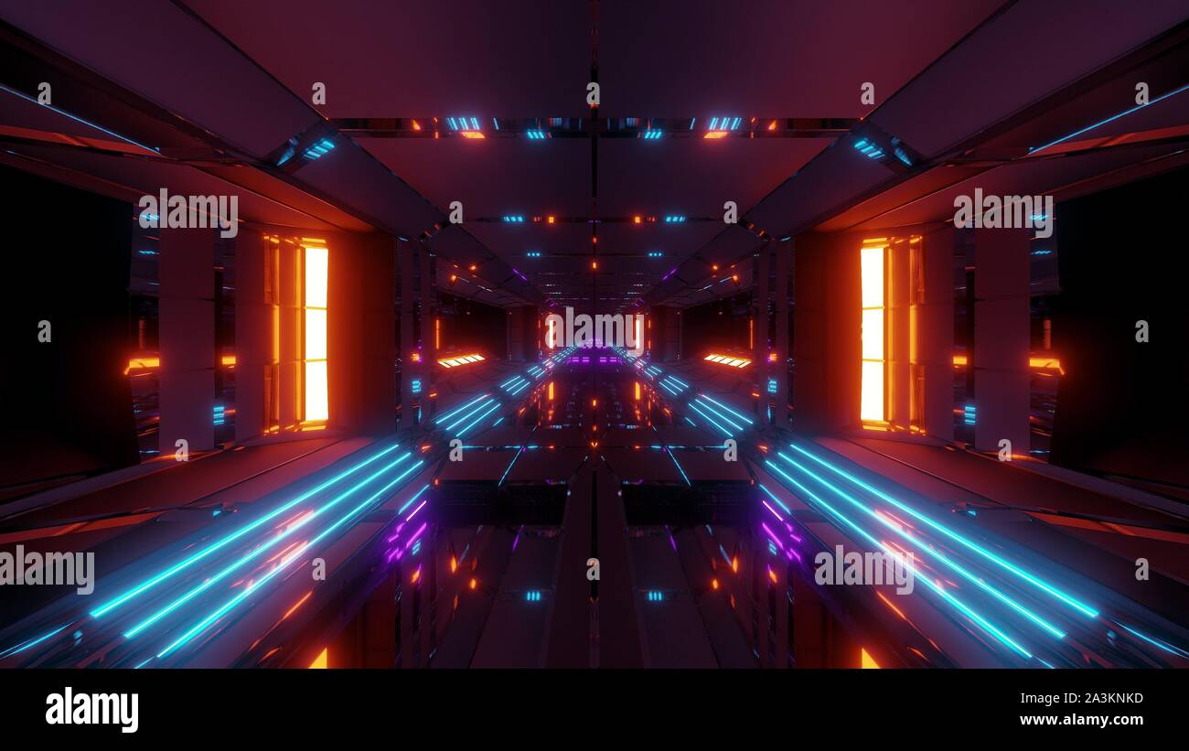 futuristic sci-fi space ship air hangar tunnel with glass windows 3d rendering background ...