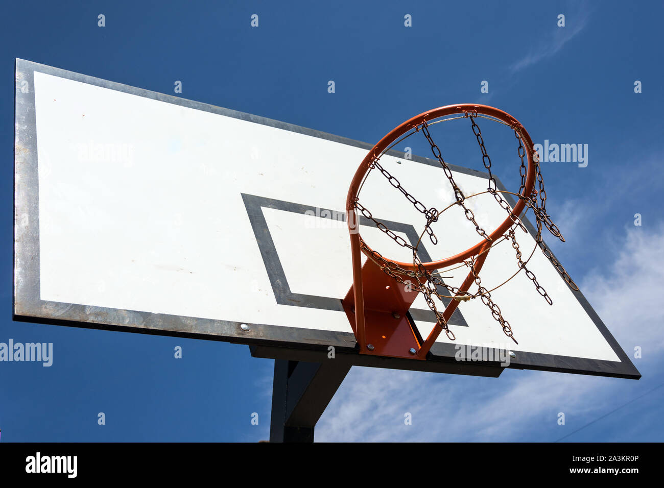 Basketball hoop basket and board on the blue sky background outdoors ...