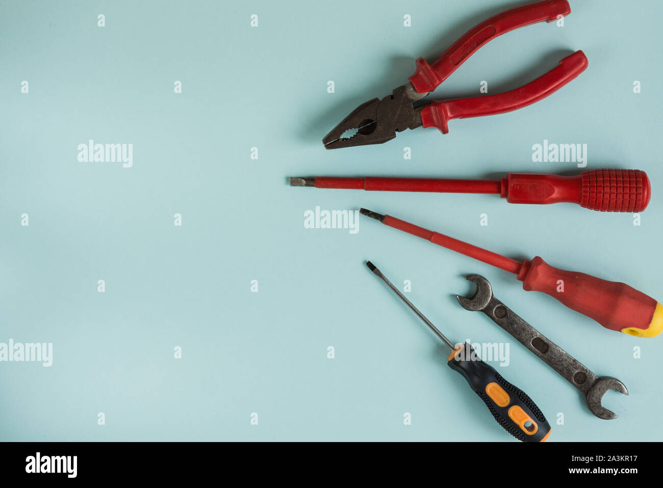 Set of different men tools on the pastel colorful background. Top view ...